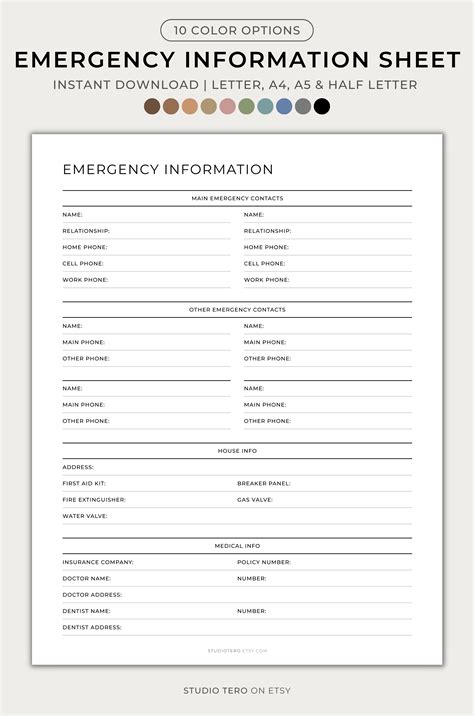 Emergency Information Sheet Printable Minimal Emergency Etsy