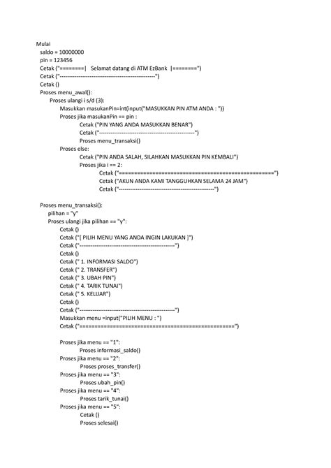 Tugas Algoritma Atm Mulai Saldo 10000000 Pin 123456 Cetak