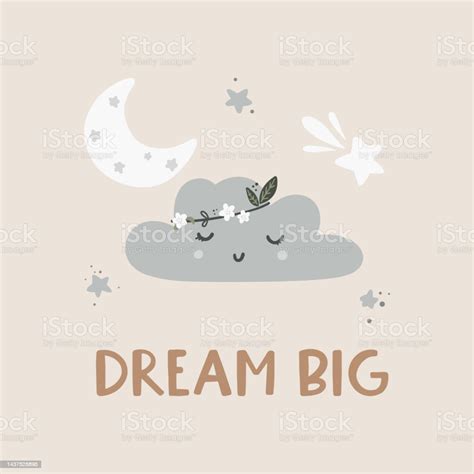 귀여운 구름과 손으로 그린 텍스트가 있는 아이 벡터 만화 삽화 큰 꿈을 꾸세요 포스터 어린이 방 장식 카드 초대장 인쇄에 이상적입니다 0명에 대한 스톡 벡터 아트 및 기타