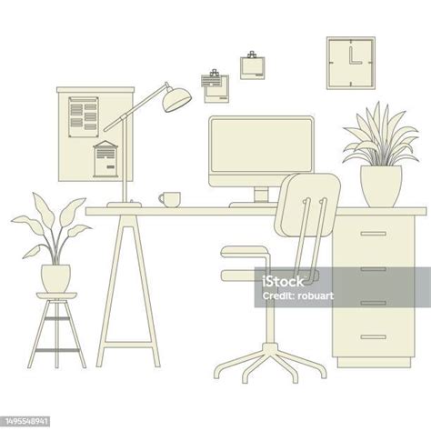 현대 홈 오피스 인테리어 라인 아트 책상 의자 컴퓨터 화분이 있는 원격 작업장 사무실에 대한 스톡 벡터 아트 및 기타 이미지 사무실 가구 아파트 Istock