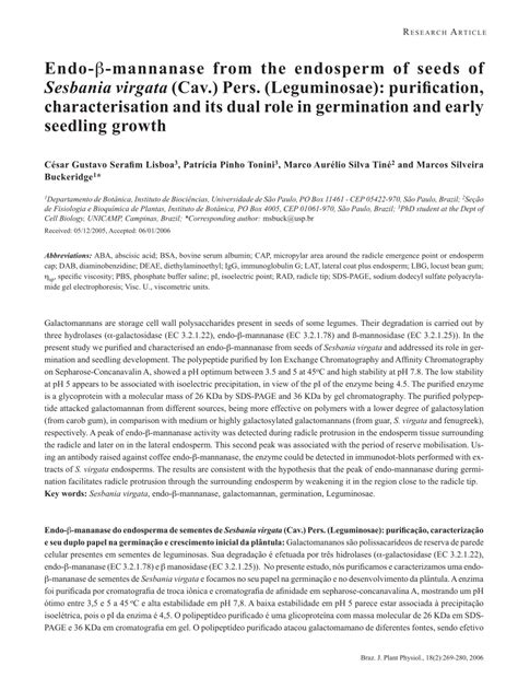 Pdf Endo β Mannanase From The Endosperm Of Seeds Of Sesbania Virgata Cav Pers Leguminosae