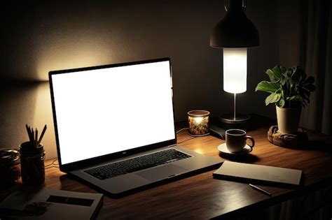 Premium AI Image Workspace Tabletop At Night Under The Low Light From Table Lamp With Laptop
