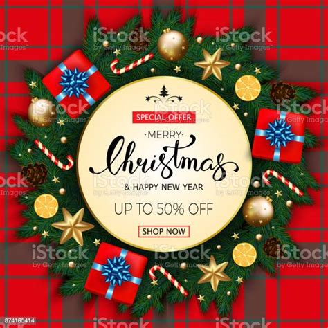 메리 크리스마스 배너 선물 상자 소나무 가지 장식 골드 스타와 거품 손 빨간 체크 무늬 배경에 문자 벡터 일러스트 레이 션 템플릿 인사말 카드 12월에 대한 스톡 벡터 아트