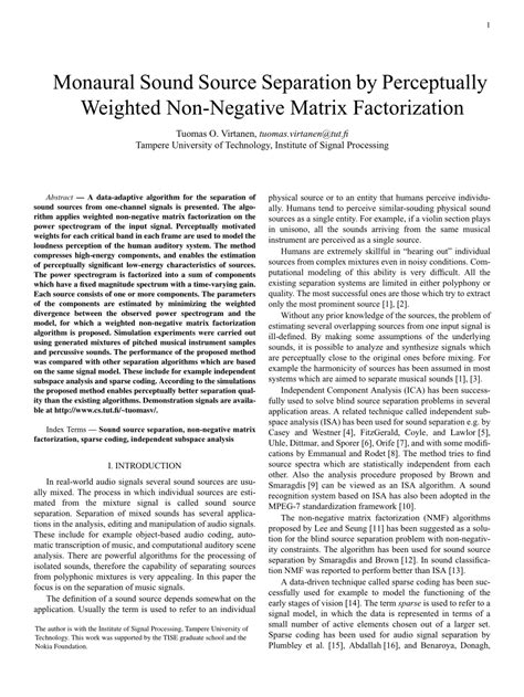Pdf Monaural Sound Source Separation By Perceptually Weighted Non Negative Matrix Factorization