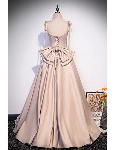 Ruffled Satin Champagne Prom Dress With Straps And Big Bow L78180
