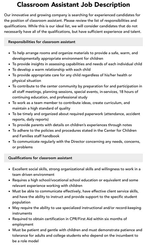 Classroom Assistant Job Description Velvet Jobs Classroom Assistant Job Description Velvet Jobs