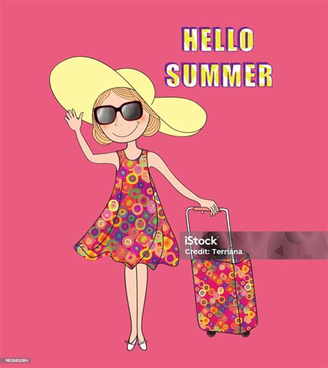 여름 여행 카드 안녕하세요 여름과 선글라스와 여자 글자와 배경 모자 및 가방 짐 가방에 대한 스톡 벡터 아트 및 기타 이미지 가방 개념 관광 Istock