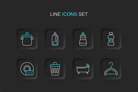 옷걸이 옷장 욕조 쓰레기통 설거지 세제 병 식기 세척 액체 병 및 요리 냄비 아이콘을 설정합니다 벡터 가사 집안일에 대한 스톡