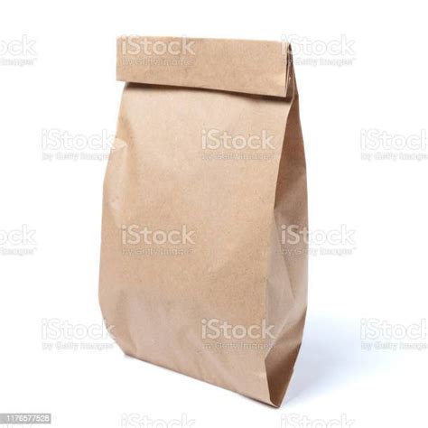 점심 이나 음식 또는 흰색 고립 된 배경에 구입에 대 한 재활용 빈 크래프트 종이 쇼핑 가방의 모형 가방에 대한 스톡 사진 및 기타 이미지 Istock