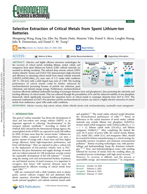 Pdf Selective Extraction Of Critical Metals From Spent Lithium Ion Batteries