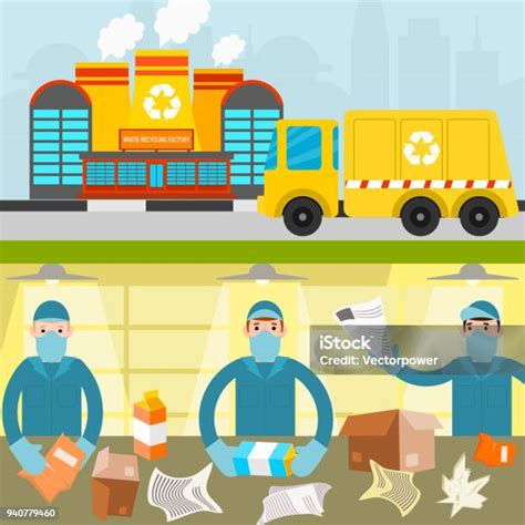 폐기물 재활용 벡터 쓰레기 처리 공장 트럭 처리 가공 산업을 가져 제조 생산 그림 쓰레기에 대한 스톡 벡터 아트 및 기타 이미지 쓰레기 우편물실 조직 Istock