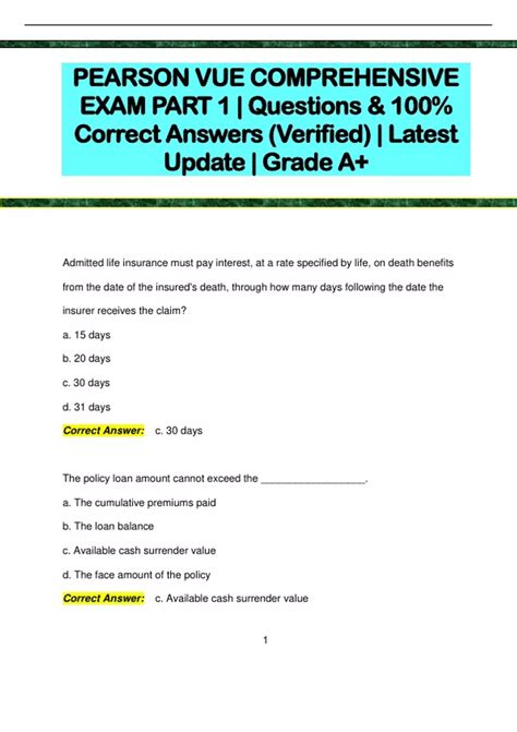 PEARSON VUE COMPREHENSIVE EXAM PART 1 Questions 100 Correct