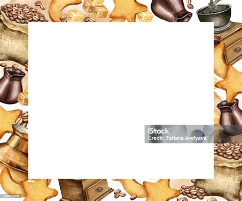 커피 원두 커피 멀 쿠키 터키 커피 냄비 손으로 그린 그림 흰색 배경의 배너 텍스트에 대한 복사 스파세가 있는 커피 테마의 수채화 프레임 커피 마실 것에 대한 스톡 벡터