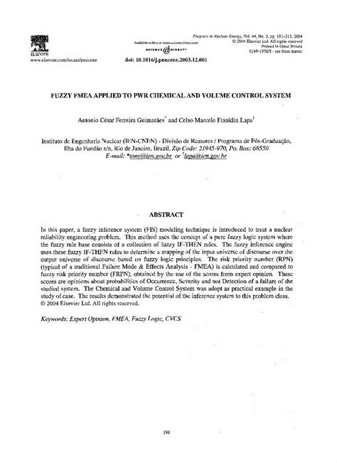 Pdf Fuzzy Fmea Applied To Pwr Chemical And Volume Control System Dokumentips