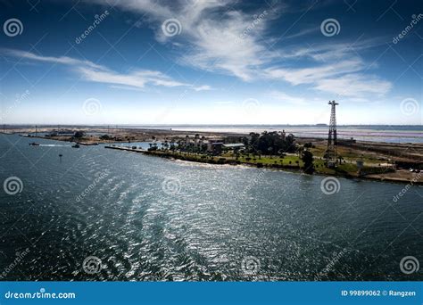 View Into The Entrance To The Suez Canal From The Mediterranean Stock