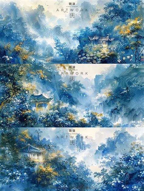 新中式抽象极简国风水墨插画 蓝调山野 小红书 花瓣网