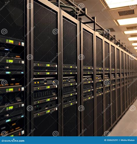 Data Center Server Racks With Glowing Led Light Networking Technology Equipment Digital