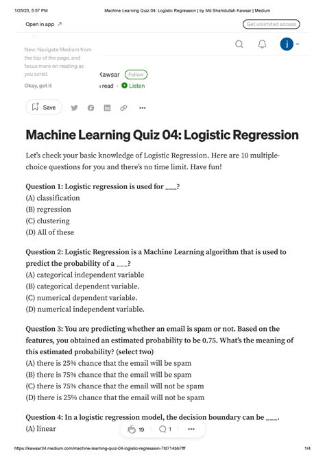 machine learning quiz 04 logistic regression by md shahidullah kawsar