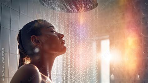 Woman Taking Shower In Bathroom Colorful Sunlight Bokeh Background