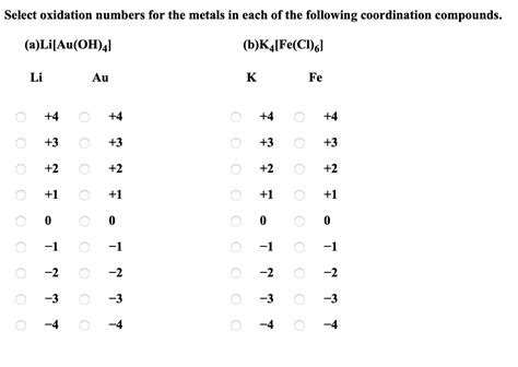 Solved Select Oxidation Numbers For The Metals In Each Of