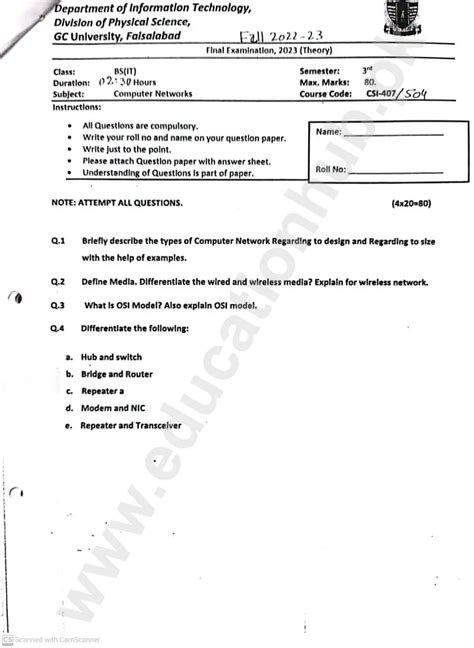 Computer Networks Bs It Gcuf Past Paper 2023 Education Hub