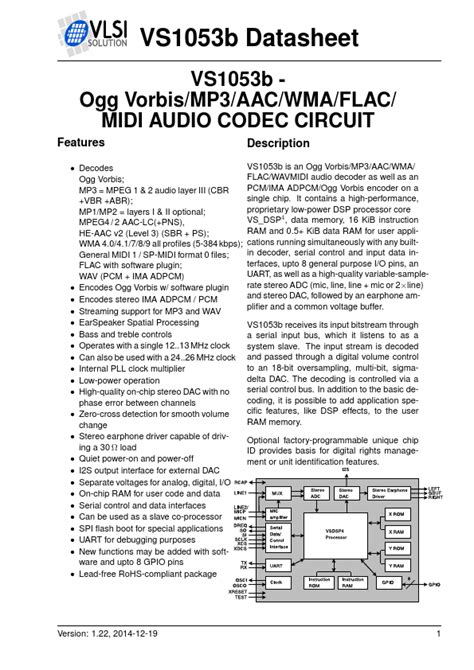 Vs1053b Datasheet Vs1053b Vlsi Pdf Ogg Vorbis Mp3 Aac Wma Midi Audio Codec Vlsi