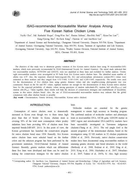 Pdf Isag Recommended Microsatellite Marker Analysis Among Five Korean Native Chicken Lines