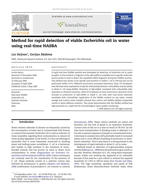 Pdf Method For Rapid Detection Of Viable Escherichia Coli In Water Using Real Time Nasba