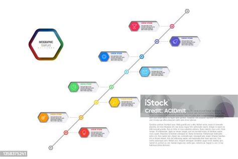 흰색 배경에 얇은 선 아이콘이있는 8 개의 사실적인 육각 형 요소가있는 대각선 타임라인 템플릿 종이에 기하학적 구멍이 있는 현대적인 다이어그램 프레젠테이션을 위한 벡터