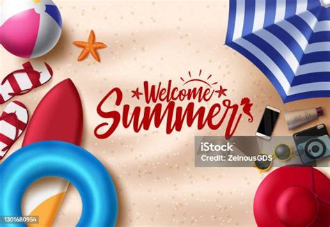 환영 여름 벡터 배너 템플릿 해변과 플로터 카메라 휴대 전화 모자 선글라스 우산과 모래 배경에 플립 플롭 같은 여행 요소와 함께