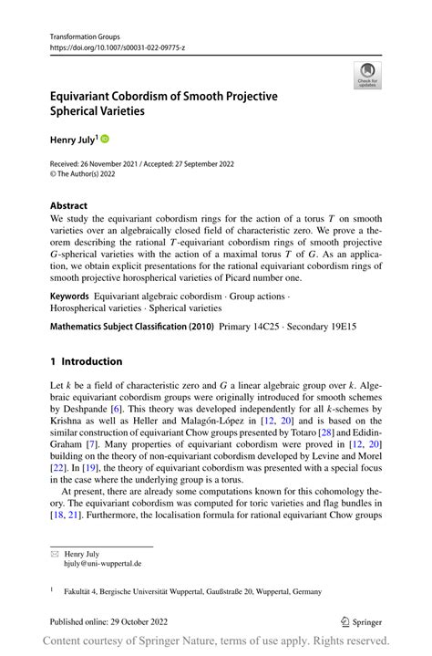 Pdf Equivariant Cobordism Of Smooth Projective Spherical Varieties