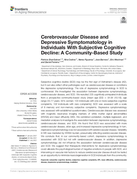 Pdf Cerebrovascular Disease And Depressive Symptomatology In Individuals With Subjective