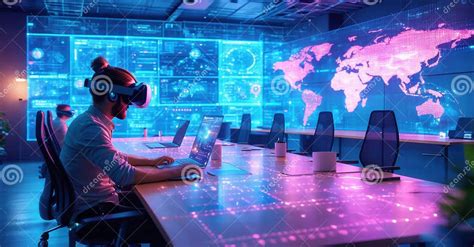 High Tech Command Center With Analysts Monitoring Global Data Massive Digital Screens Display