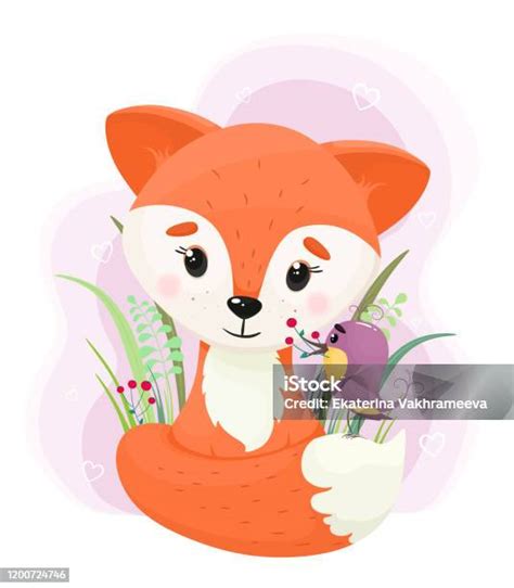 잔디에 앉아 다른 새와 귀여운 여우 만화 플랫 스타일의 벡터 일러스트레이션입니다 곰에 대한 스톡 벡터 아트 및 기타 이미지 곰 공휴일 귀여운 Istock