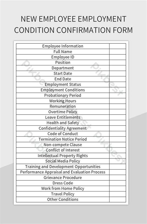 New Employee Employment Condition Confirmation Form Excel Template