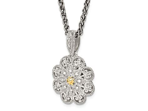 Sterling Silver Antiqued With 14k Accent Diamond Vintage Necklace