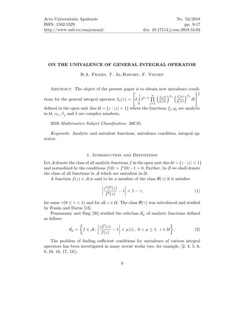 Pdf On The Univalence Of General Integral Operator