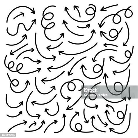 화살표 는 손으로 그린 벡터 세트입니다 응용 프로그램 배너 인쇄 화면 펜 마크 지도 및 타이포그래피 디자인 가이드 라인에 대한 화살표 디자인을 스케치합니다 개체 그룹에 대한