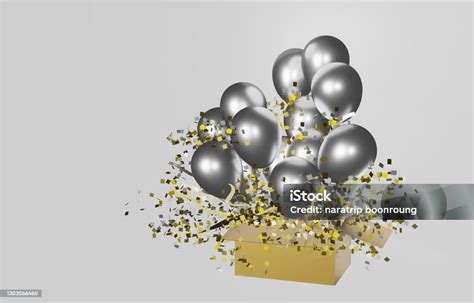 흰색에 고립 된 스트리머와 3d 투명 생일 풍선 쉽게 변경 색상 벡터 일러스트와 골판지 상자를 엽니 다 0명에 대한 스톡 사진 및 기타 이미지 Istock