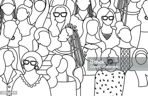 다양한 포즈를 취한 다양한 여성들의 군중 연속적인 선 그리기 검은 윤곽선 3월에 대한 스톡 벡터 아트 및 기타 이미지 3월 International Womens Day