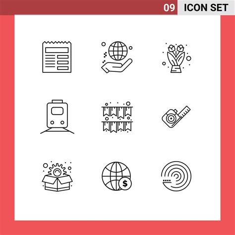Pictogram Set Of 9 Simple Outlines Of Celebration Transportation Donate Train Rail Editable
