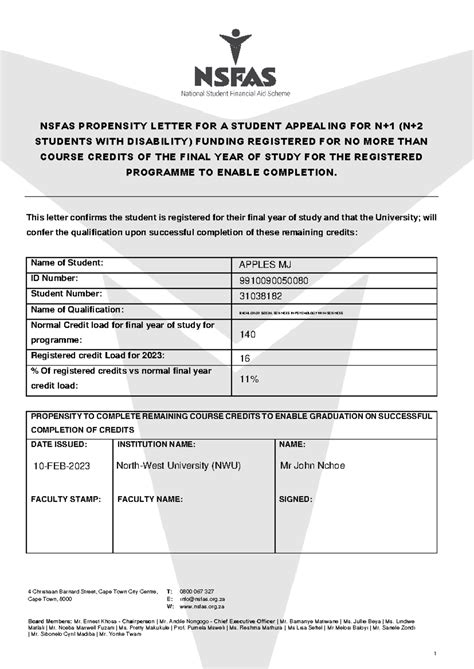 Nsfas Propensity Letter Generic 4 Christiaan Barnard Street Cape