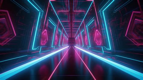 네온 불빛이 있는 미래지향적인 복도 3d 그림 추상 공상 과학 배경과 분홍색 및 파란색 네온 불빛에 대칭 기하학적 조명이 있는 어두운 공간 터널을 통한 동작 효과 고화질