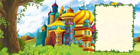 숲 근처의 산 계곡과 어린이를 위한 텍스트 삽화 프레임이 있는 성이 있는 만화 장면 0명에 대한 스톡 벡터 아트 및 기타 이미지 0명 계곡 계절 Istock