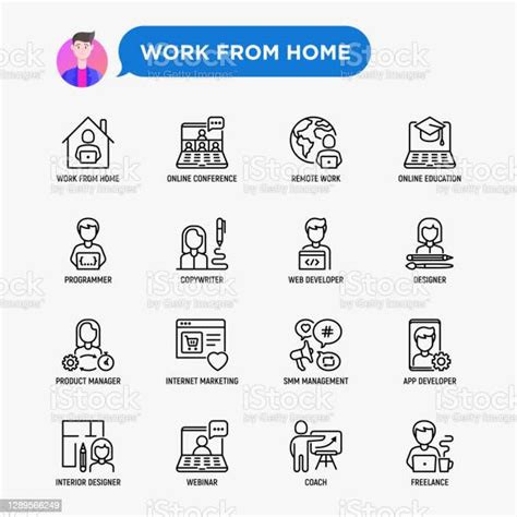온라인 컨퍼런스 프리랜서 온라인 교육 프로그래머 개발자 카피라이터 웹 디자이너 제품 관리자 인터넷 마케팅 홈 씬 라인 아이콘