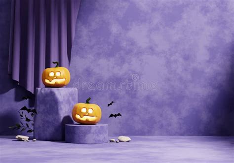Halloween Pumpkin Lantern And Product Display Podium 3d Rendering Stock