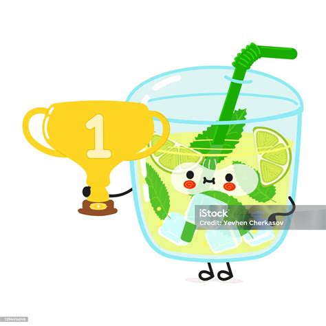 귀여운 재미있는 모히토는 금 트로피 컵을 들고 있습니다 벡터 손으로 그린 만화 카와이 캐릭터 일러스트 레이 션 아이콘 흰색 배경에 고립되어 있습니다 우승 트로피 컵을 가진