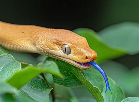 In A Tropical Rainforest A Green Tree Python Is Perched On Vibrant