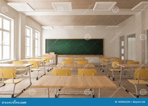 Student Desks And Chairs Arranged In A Row In The Classroom Stock