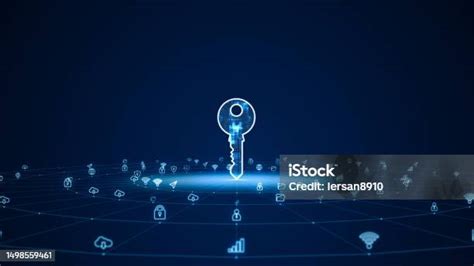 미래 지향적인 기술 아이콘이 있는 파란색 디지털 보안 키 로고와 추상적인 배경 네트워크 방화벽 및 인증 시스템 개념에 대한 원 회전이 있는 라인 연결 개념에 대한 스톡 사진